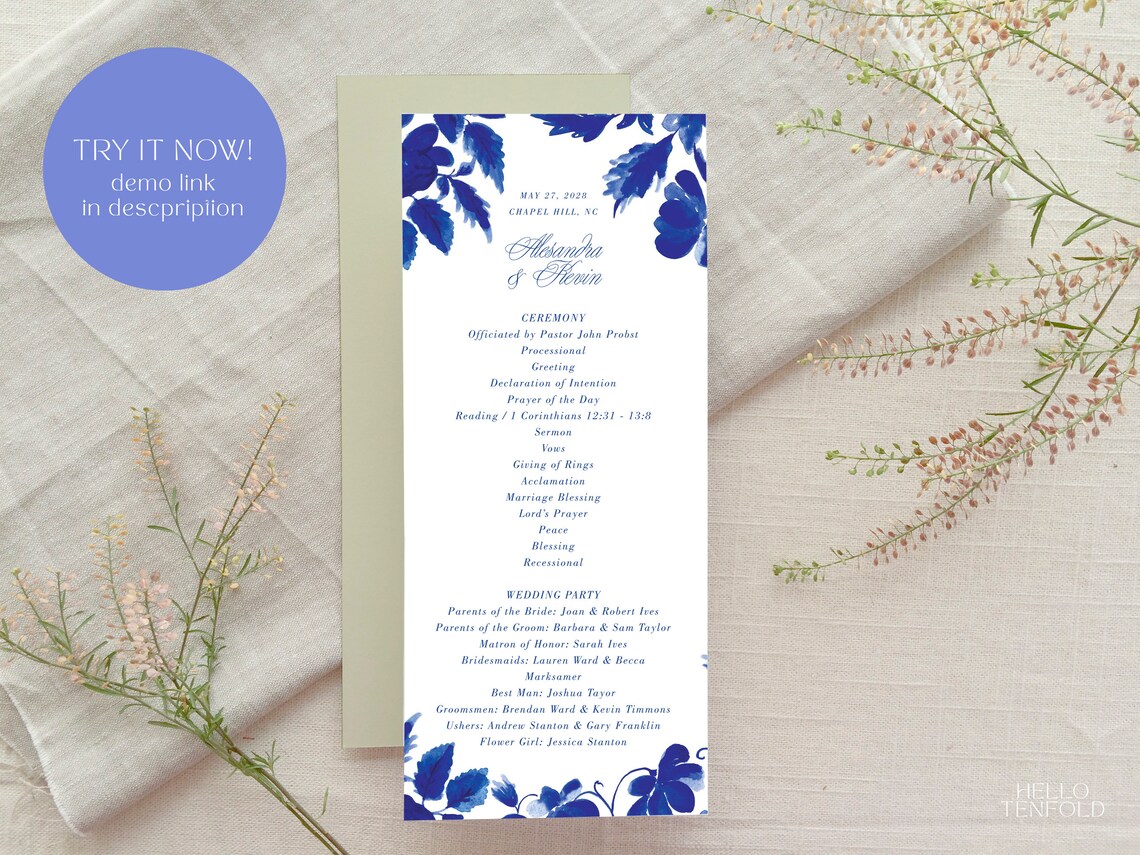 Delft Blue Wedding Program Template Floral One Page Program Printable ...