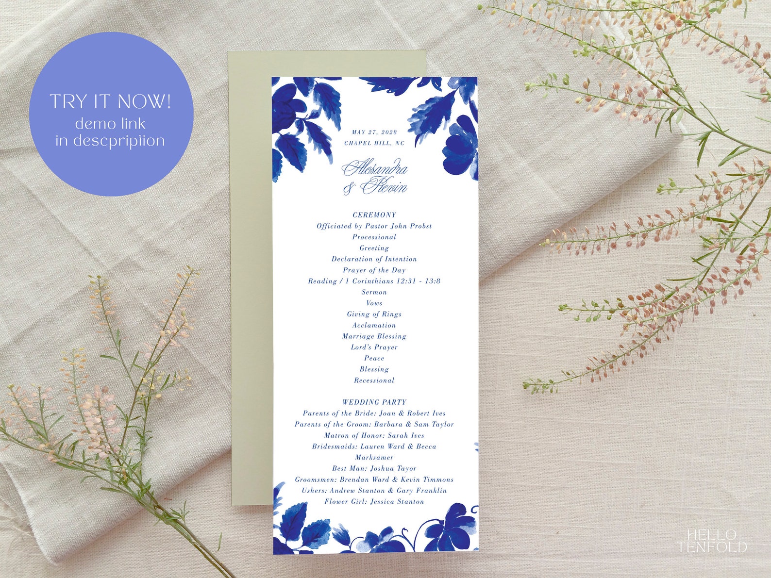 Delft Blue Wedding Program Template Floral One Page Program Printable ...