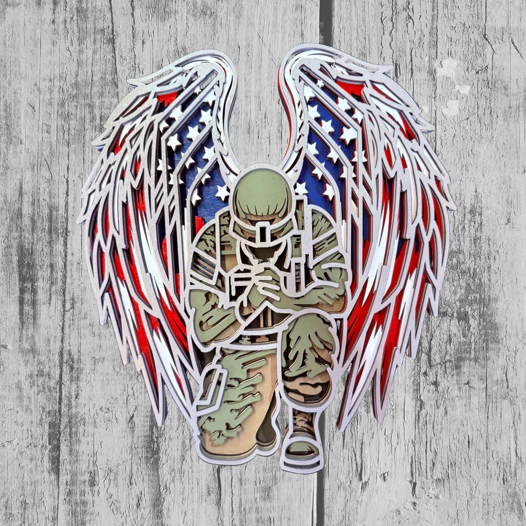 Layered Wood Kneeling Soldier Memorial – Patriotic Angel Wings, Veteran ...