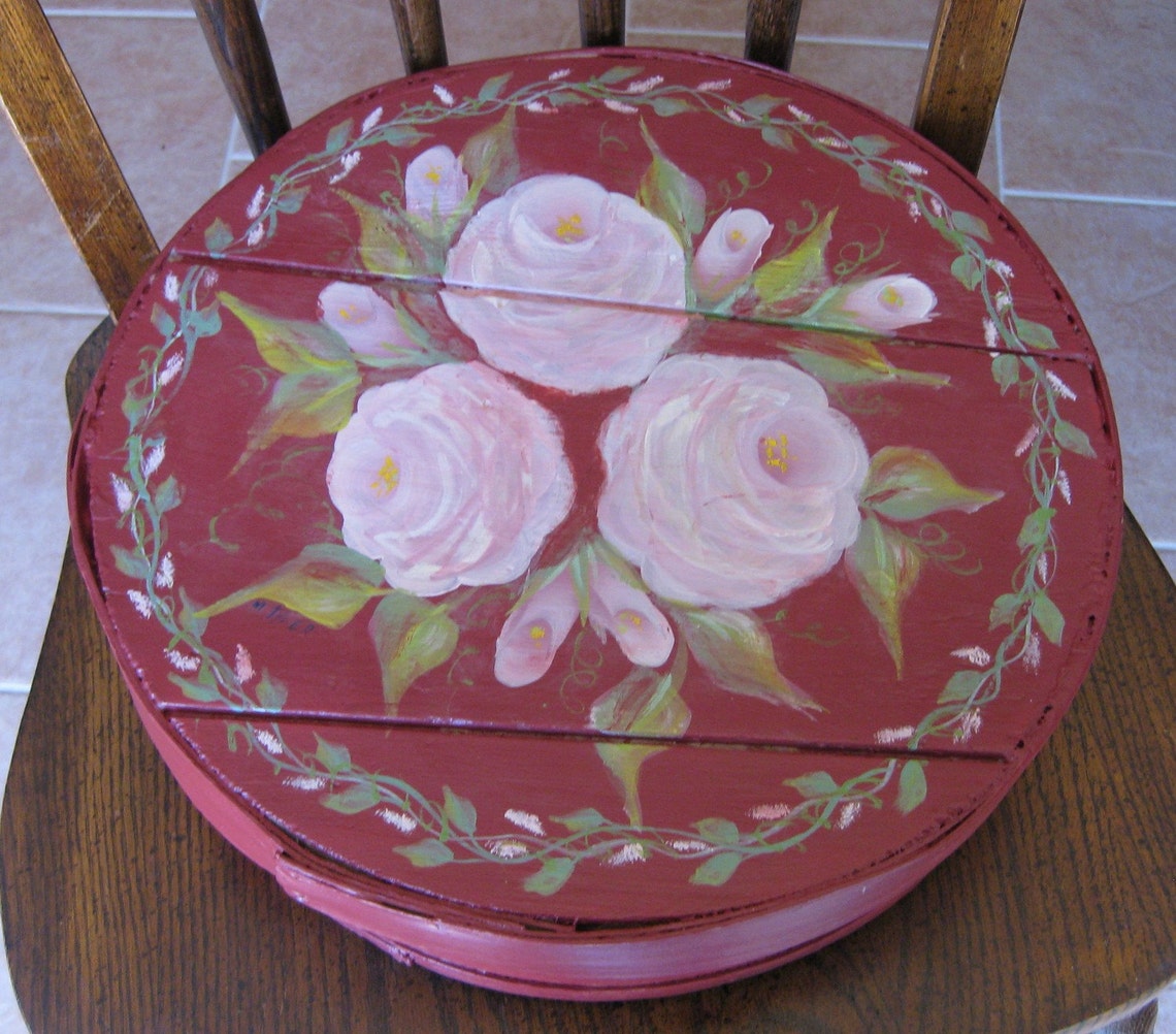 Hand Painted Vintage Wooden Cheese Box Pink Roses | Etsy