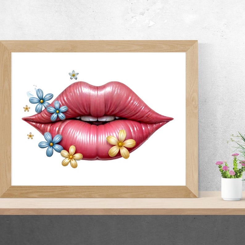 Floral Lips Clipart, Instant Download, Summer Flower PNG, Kiss Lips PNG ...