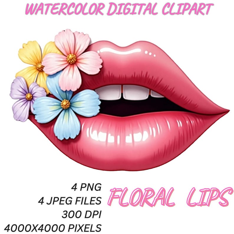 Floral Lips Clipart, Instant Download, Summer Flower PNG, Kiss Lips PNG ...