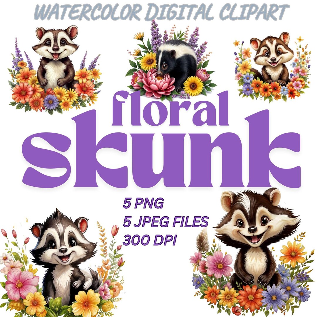 Cute Skunk Clipart, 300 DPI. Watercolor Sweet Baby Skunks With Florals ...