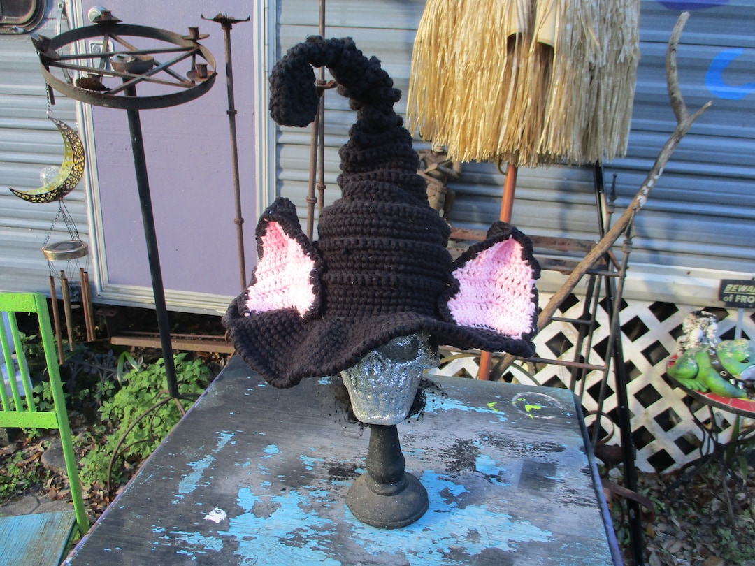 Cat Familiar *ready to Ship* Twisted Witch Hat Crochet Goth Animal Ears Pixie Fairy Kitty - Etsy