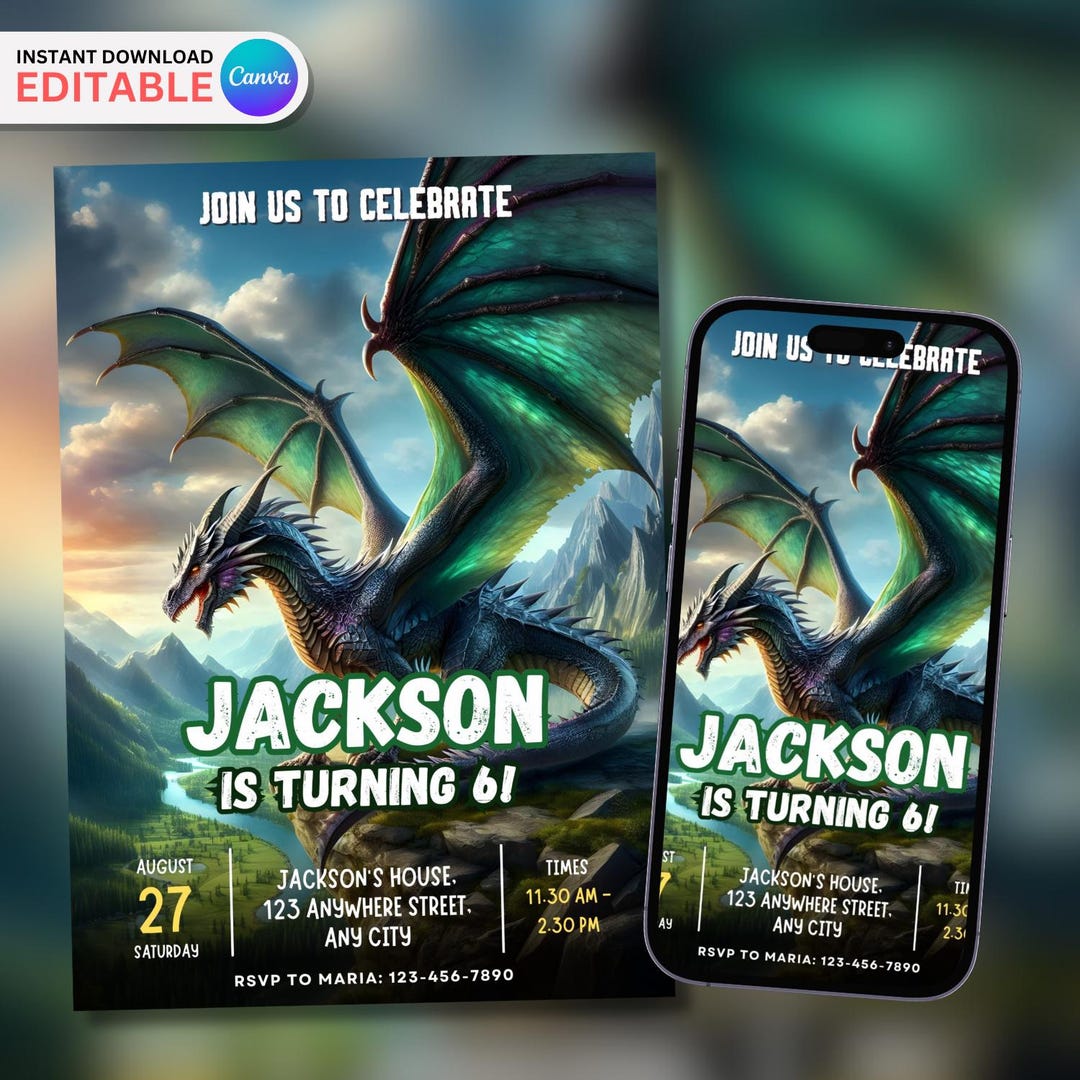 Editable Realistic Dragon Birthday Party Invitation Card, Editable ...