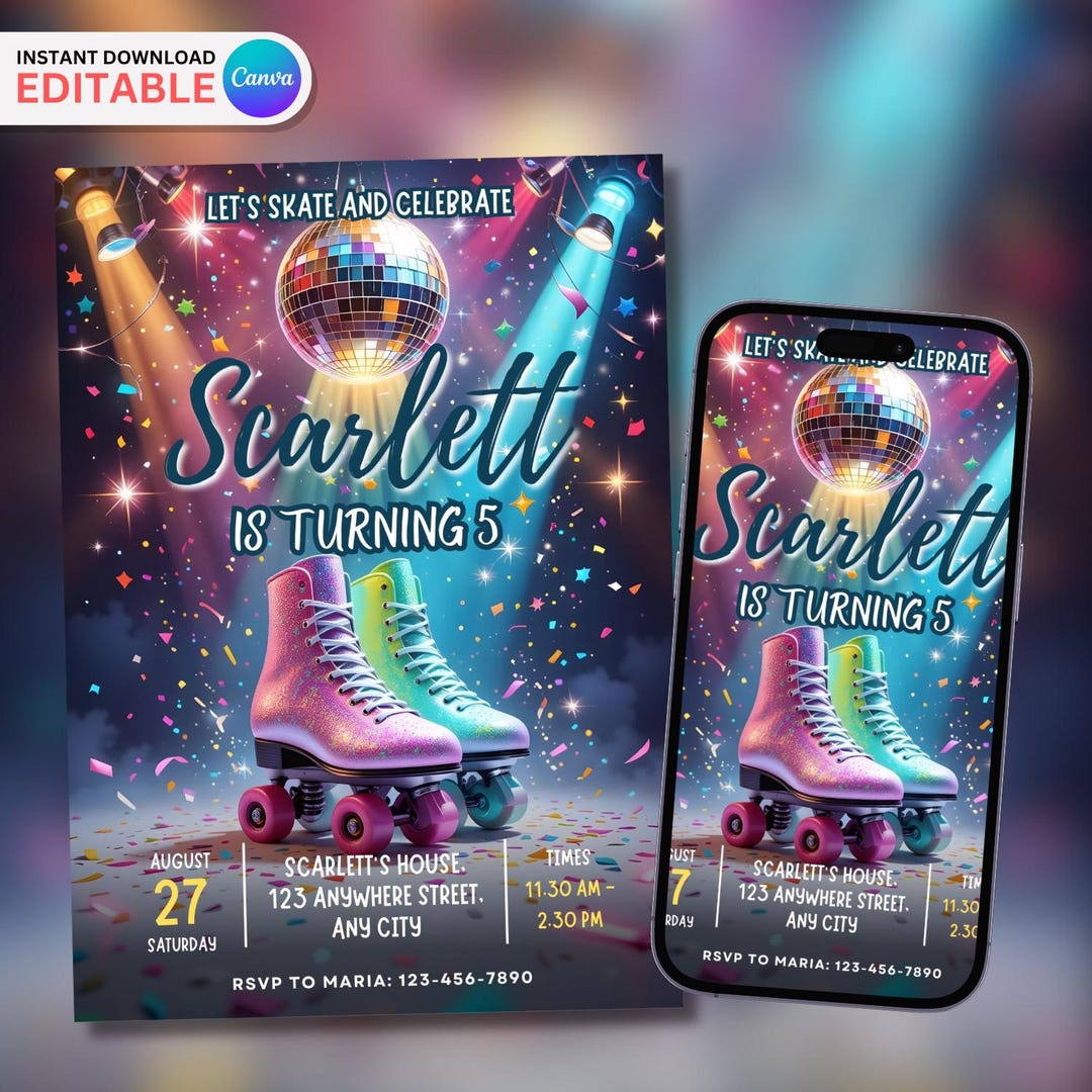 Roller Disco Party Birthday Invitation Editable Template, Rainbow Glow ...