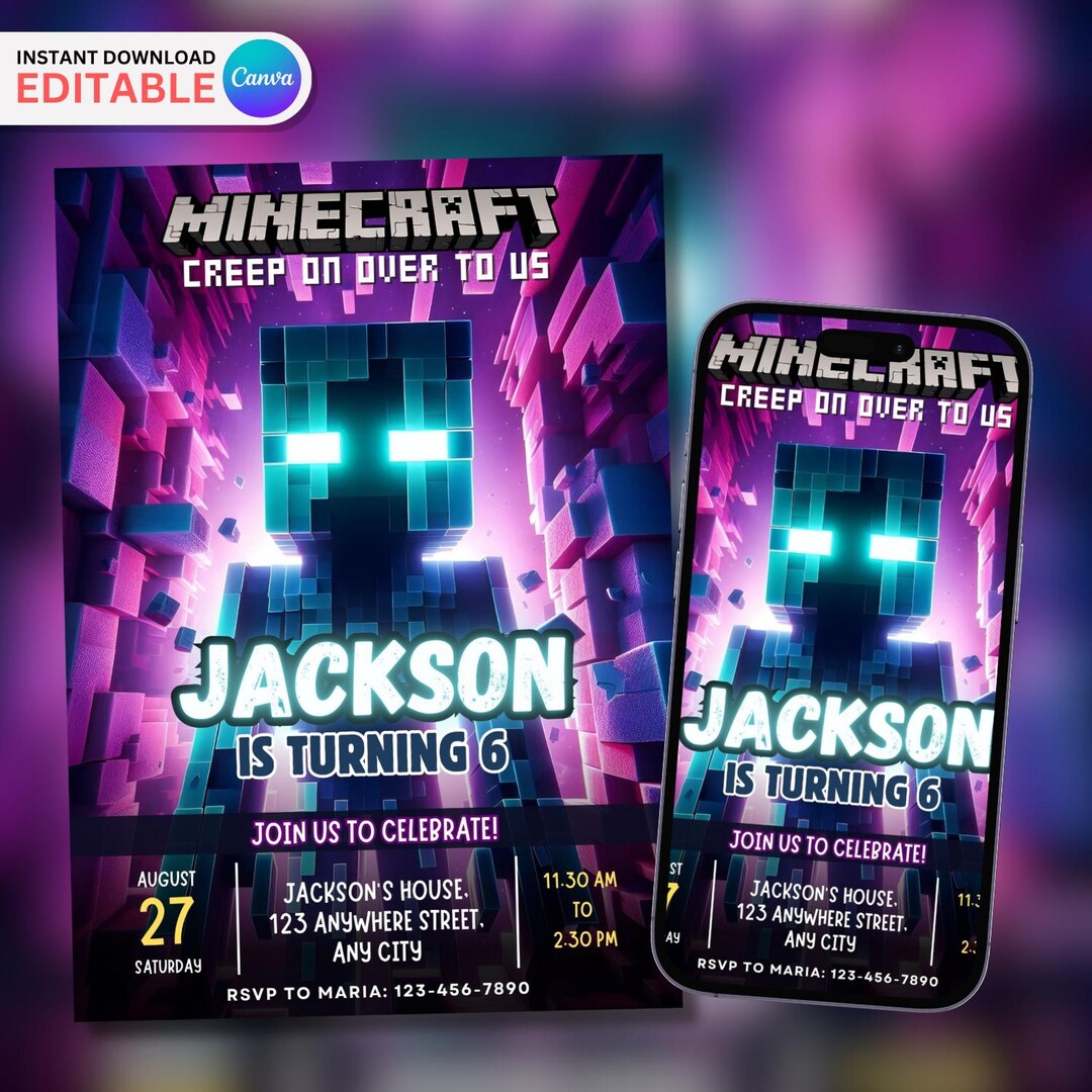 Editable Minecraft Birthday Invitation, Minecrafter Birthday ...