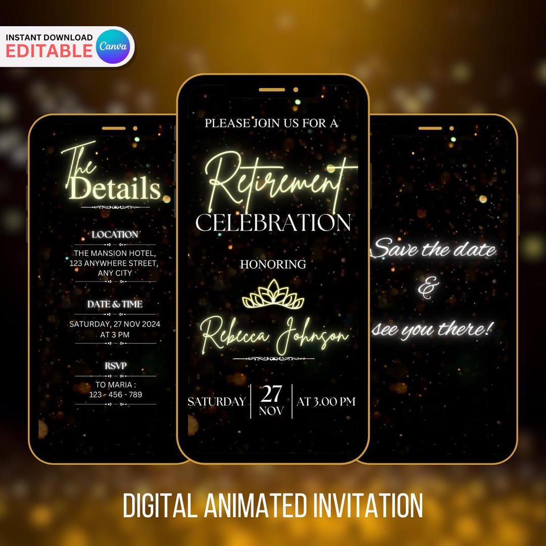 Digital Retirement Party Invitation, Modern Black and Gold Retirement ...