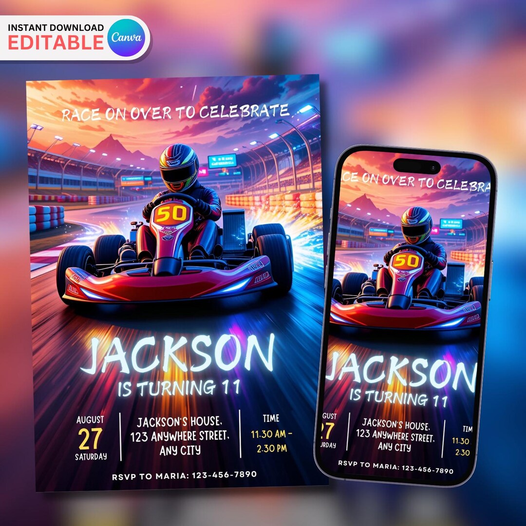 Go Kart Birthday Invitation, Go Kart Party, Karting Invitation, Go Kart ...