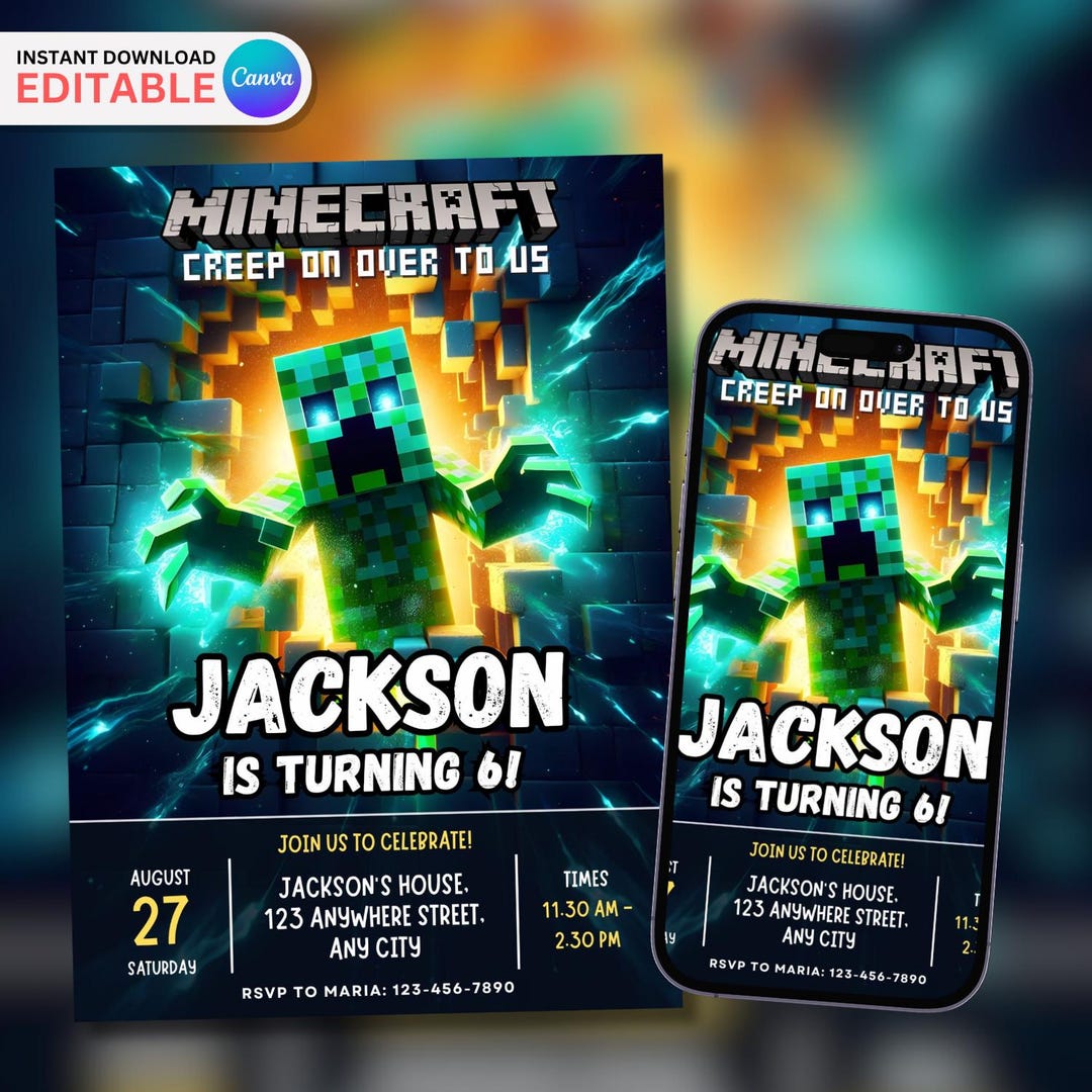 Editable Minecraft Birthday Invitation, Minecrafter Birthday ...