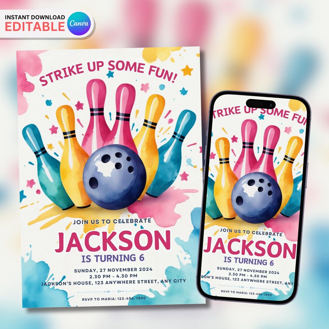 Bowling Birthday Invitation, Bowling Invitation, Bowling Template ...