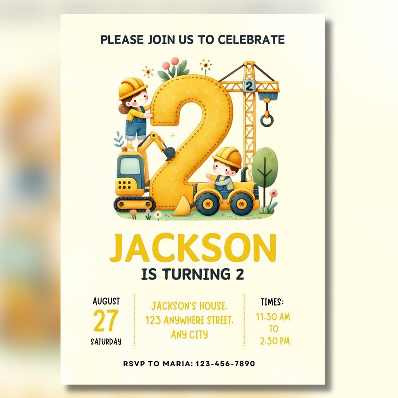 Editable Construction 2nd Birthday Invitation, Truck Birthday Party ...