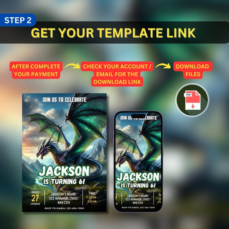 Editable Realistic Dragon Birthday Party Invitation Card, Editable ...