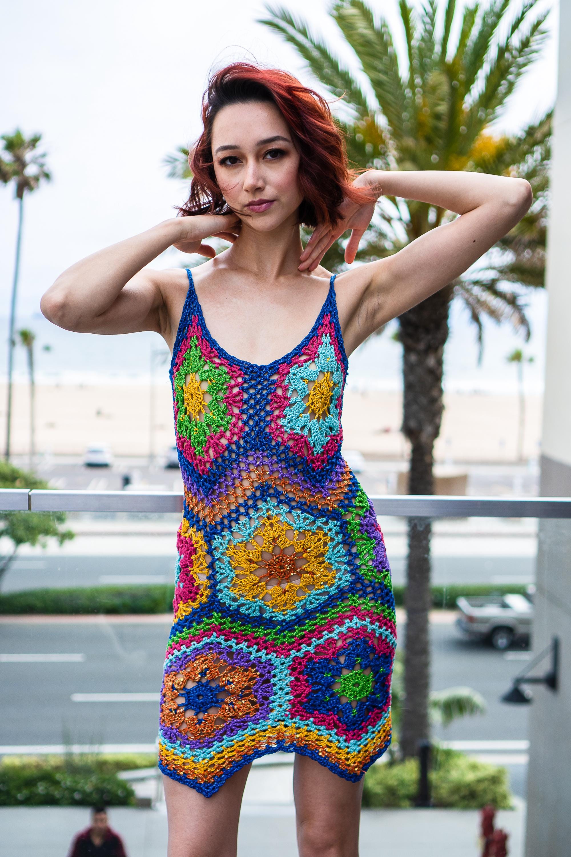 Boho Crochet Flower Dress – Handmade Sparkly Yarn, Festival Ready, Fits ...