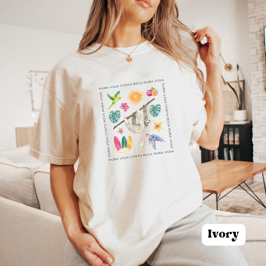 Sloth & Sea Turtle Costa Rica T-shirt, Tropical Floral Surfboard Tee ...