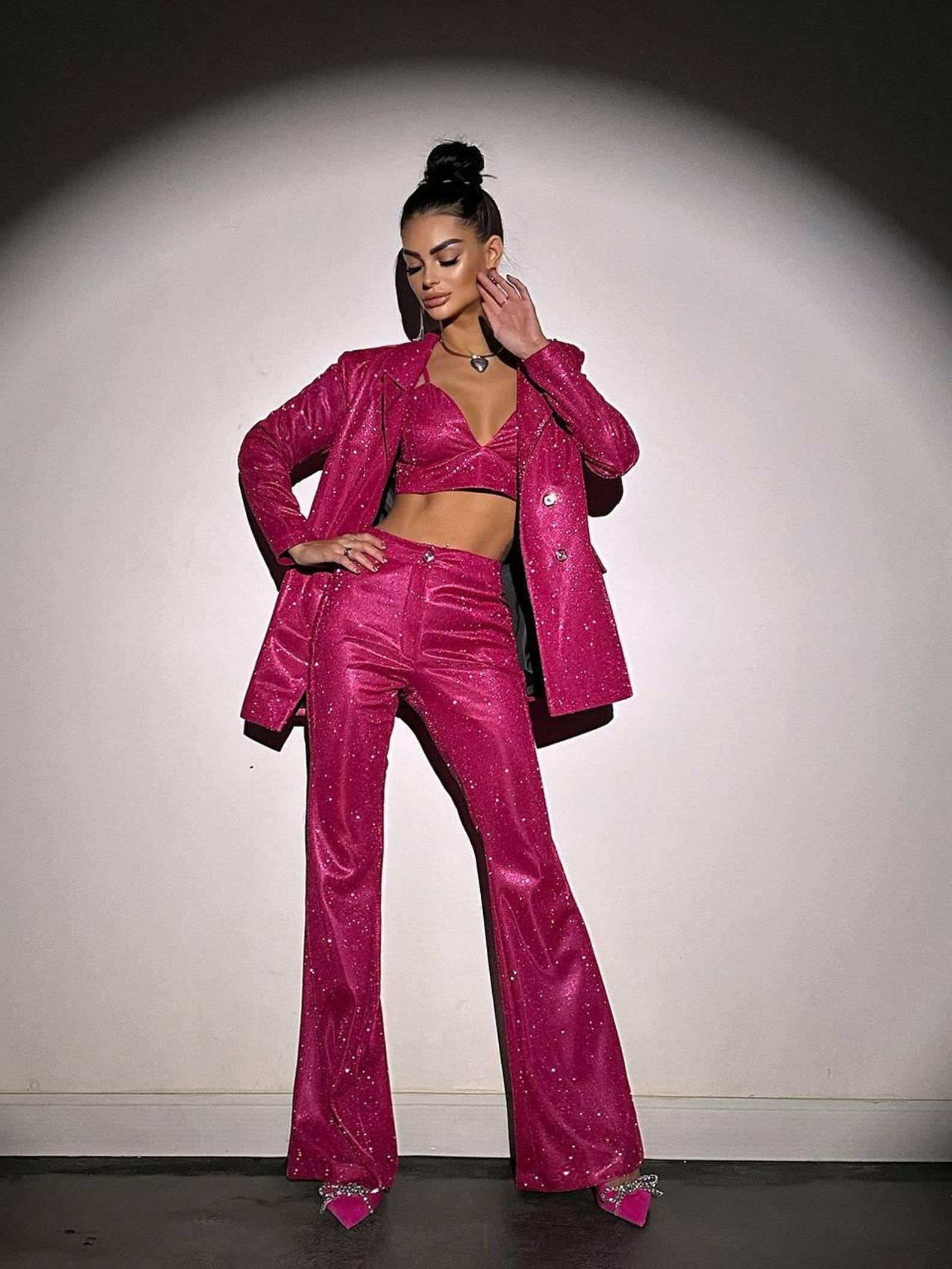 Hot Pink Embellished Blazer Three Piece Set, Shiny Barbie Pink Outfit ...
