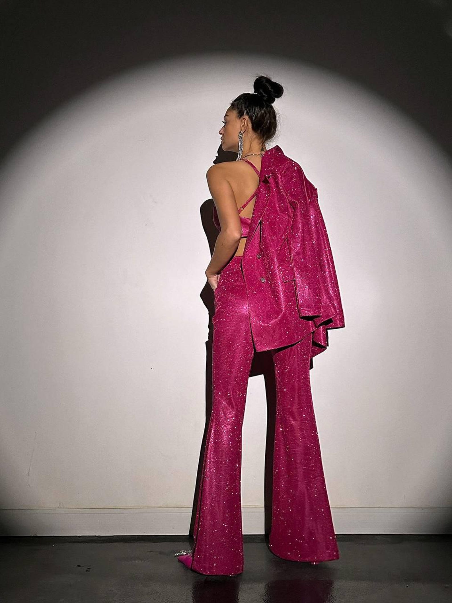 Hot Pink Embellished Blazer Three Piece Set, Shiny Barbie Pink Outfit ...