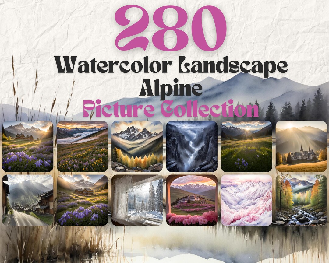 Alpine Watercolor Wonders - 280 High-quality 6K PNG Images - Mountain ...