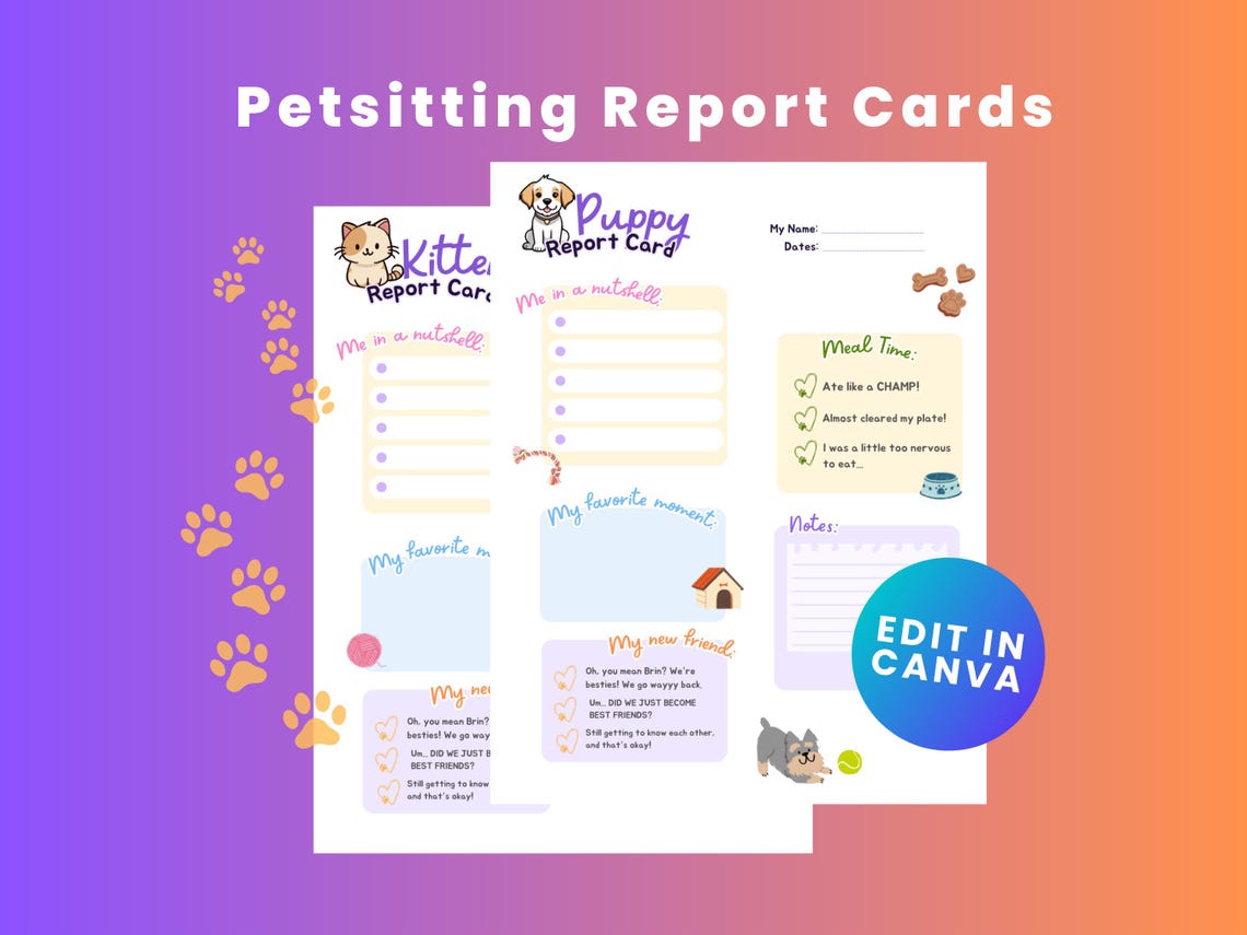 Printable Pet Sitting Report Card Canva Template | Dog & Cat Day Care ...