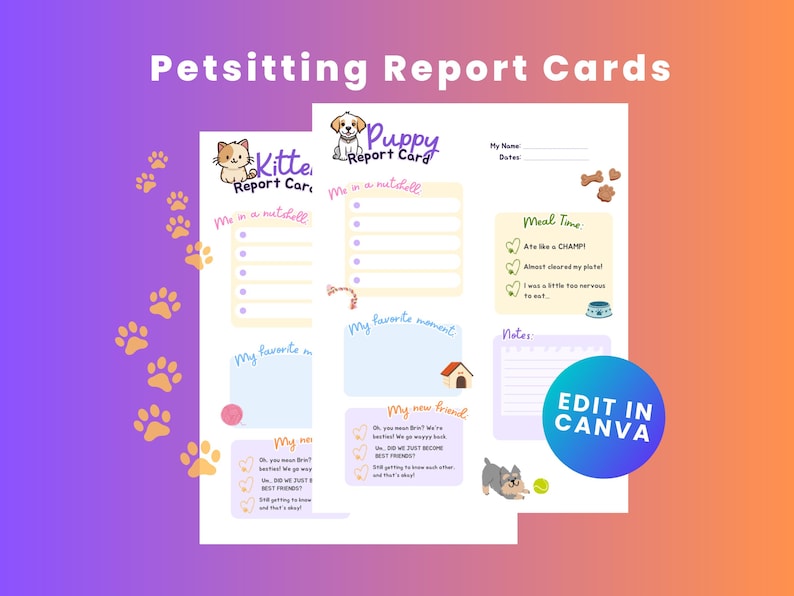 Printable Pet Sitting Report Card Canva Template | Dog & Cat Day Care ...
