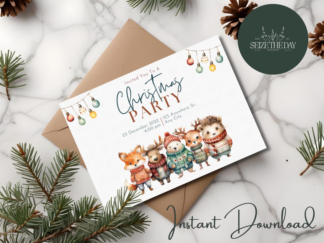 Cute Christmas Party Invitation Template Woodland Animal Canva Design ...