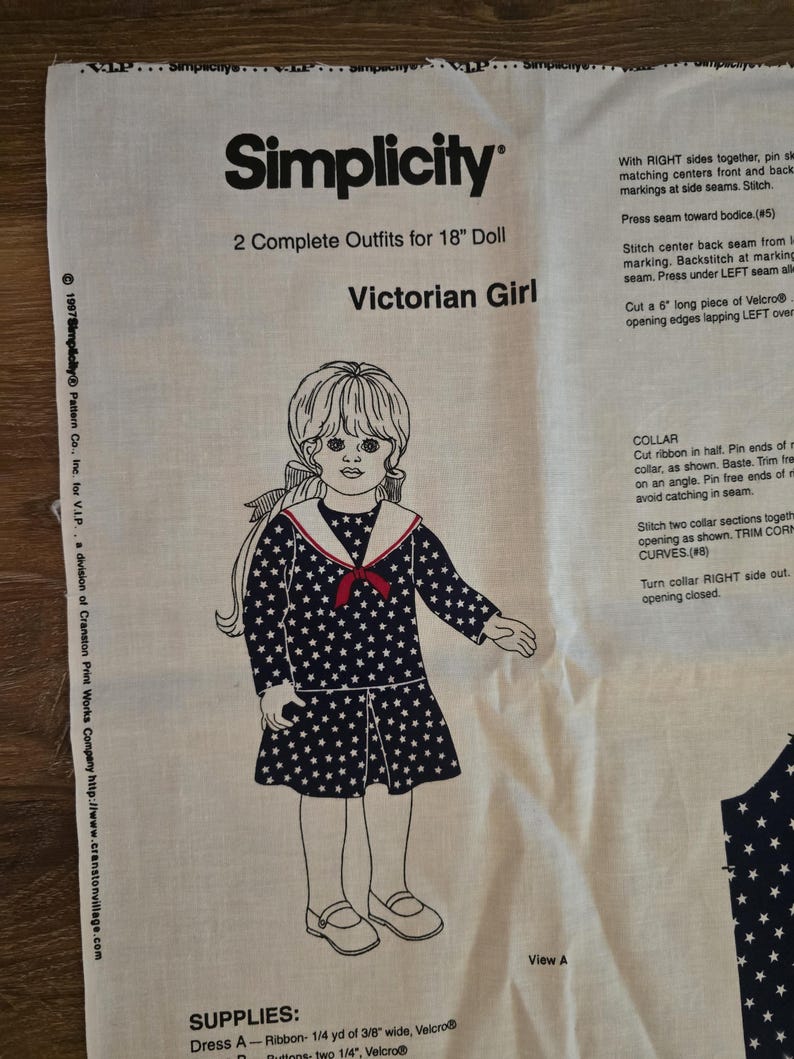 Simplicity 18" Doll Clothes Sewing Panel Victorian Girl 2 Outfits ...