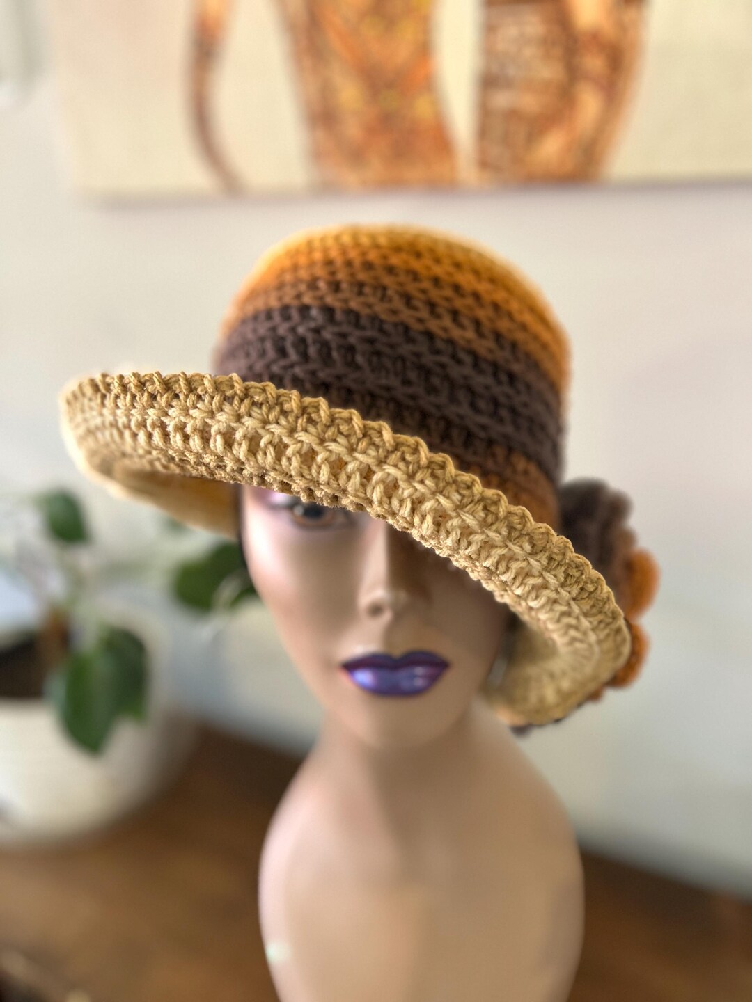 Crochet Flapper Hat With Flower, Winter Hat, Crochet Soft Brim Hat ...