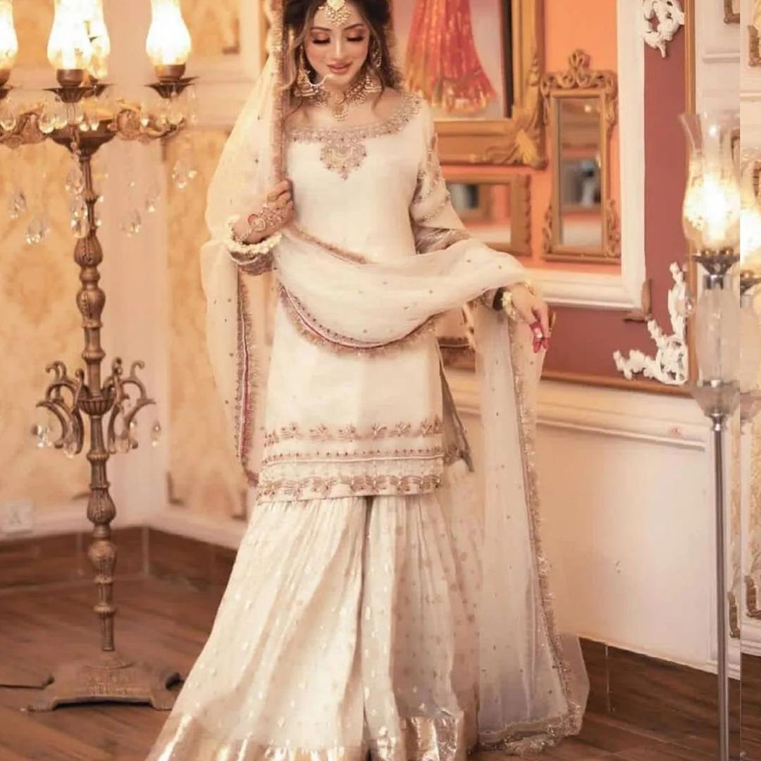 Off White and Golden Gharara for Nikkah Elegant Pakistani Nikkah Suit ...