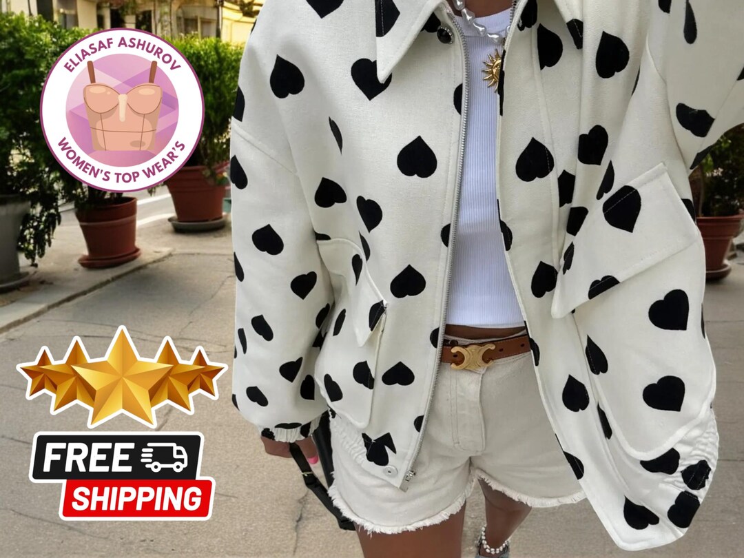 Heart Print Jacket for Women Full Zip-up Bomber Coat Double Pocket Fall ...