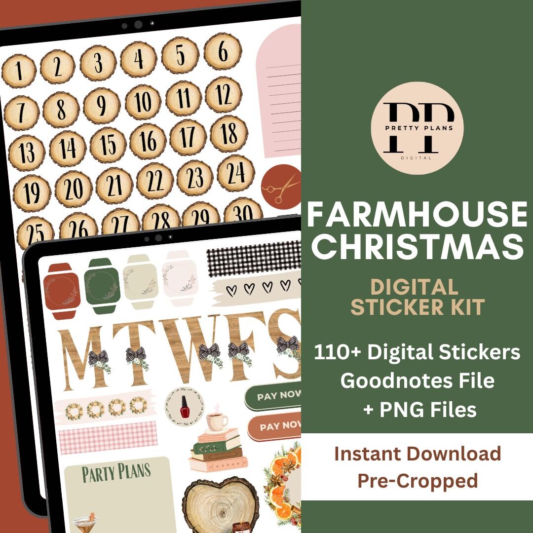 Farmhouse Christmas Digital Sticker Pack | 110+ Rustic Holiday Stickers ...
