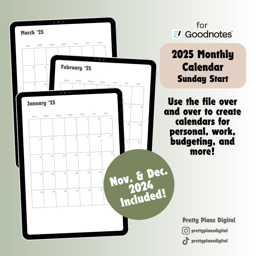 2025 Monthly Calendar for Goodnotes With Sunday Start | Aesthetic ...