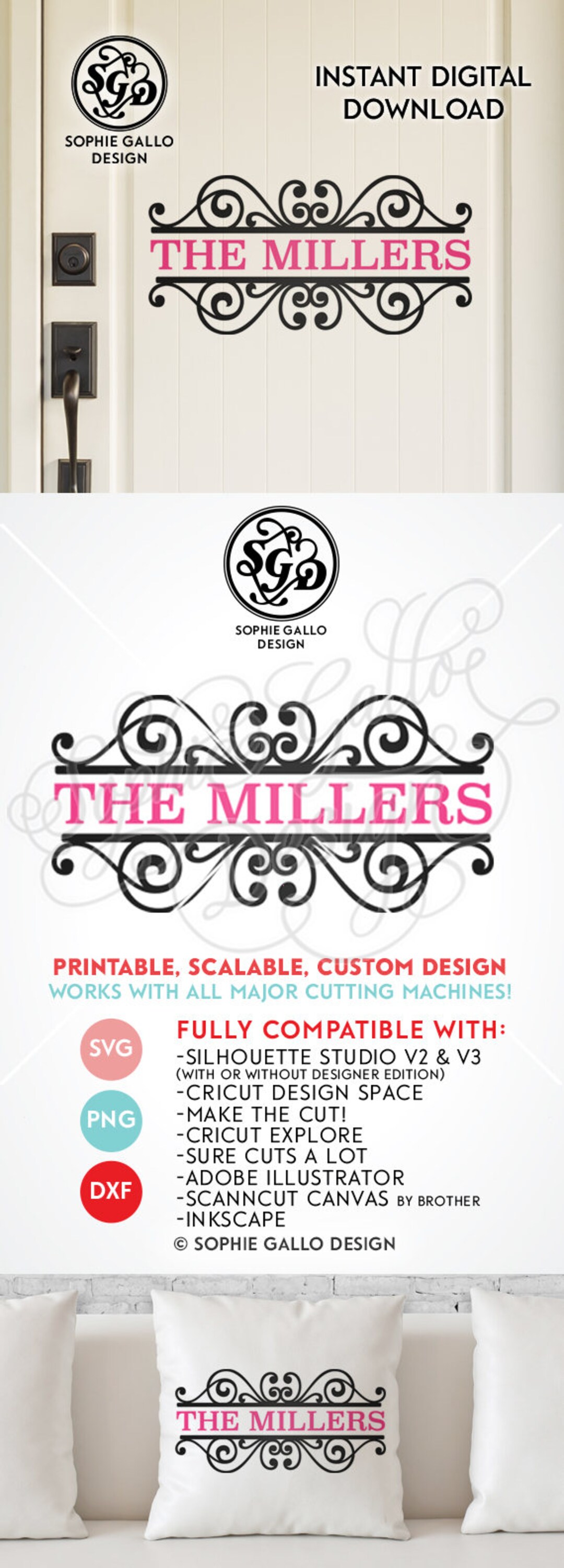 Split Monogram Scroll Sign SVG DXF PNG Digital Download Files for ...