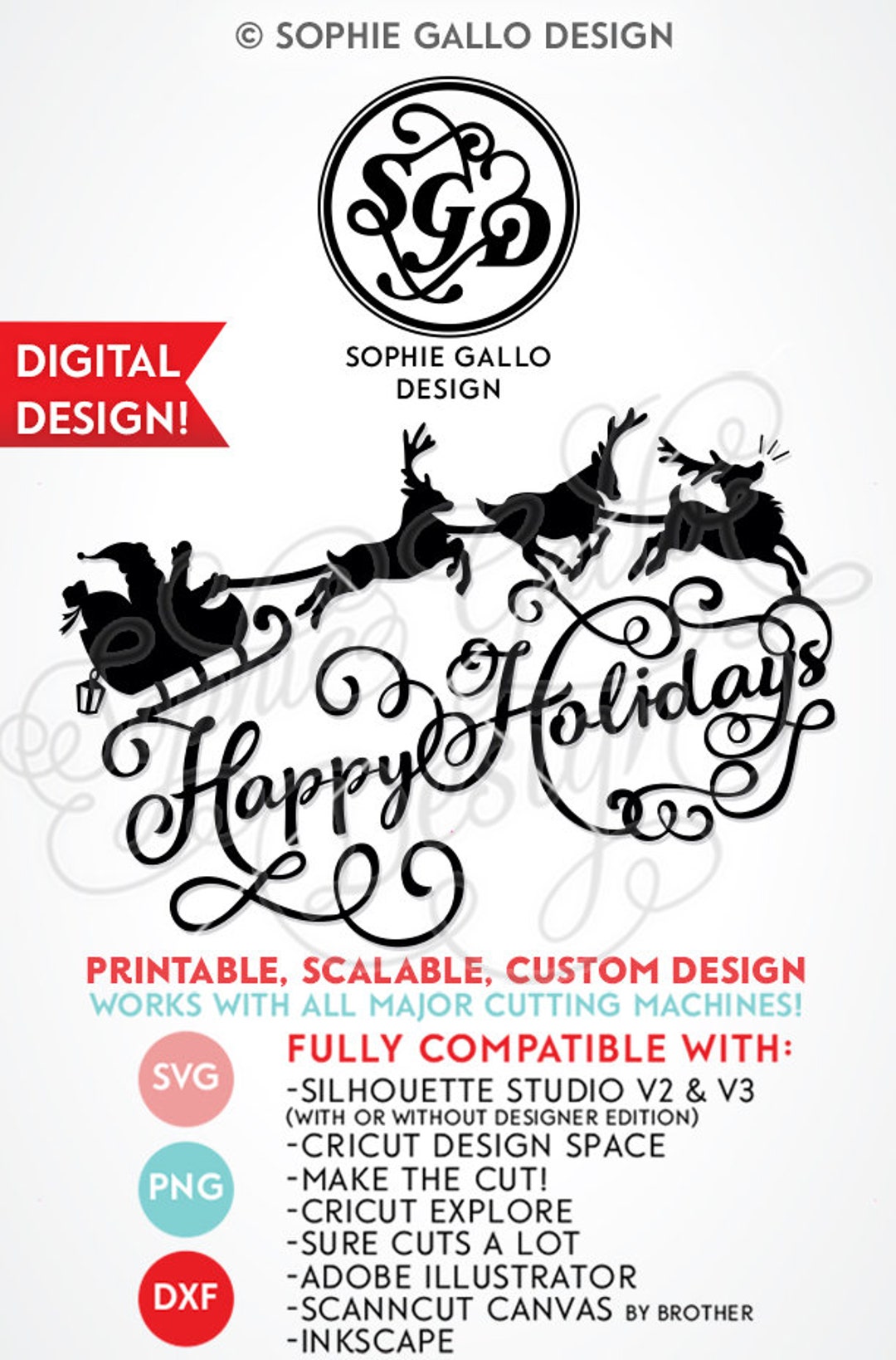 Happy Holidays Santa Sleigh SVG, DXF & PNG Digital Download Files for ...