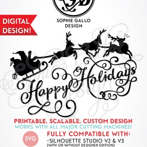 Happy Holidays Santa Sleigh SVG, DXF & PNG Digital Download Files for ...
