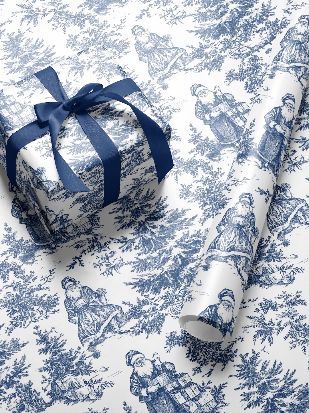 Vintage Christmas Toile Chinoiserie Wrapping Paper Roll Blue Santa ...