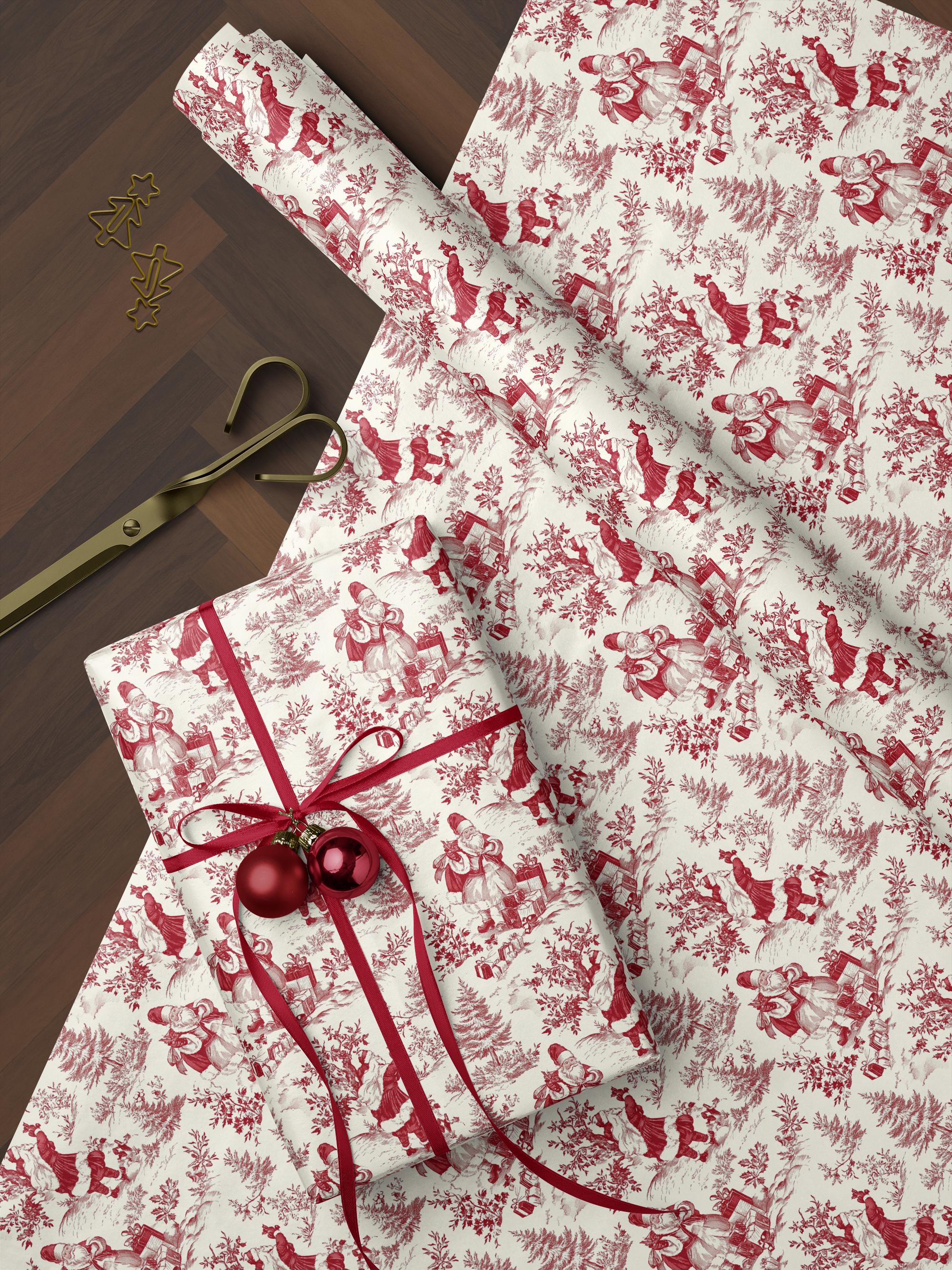 Vintage Christmas Toile Chinoiserie Wrapping Paper Roll Red Santa Toile ...
