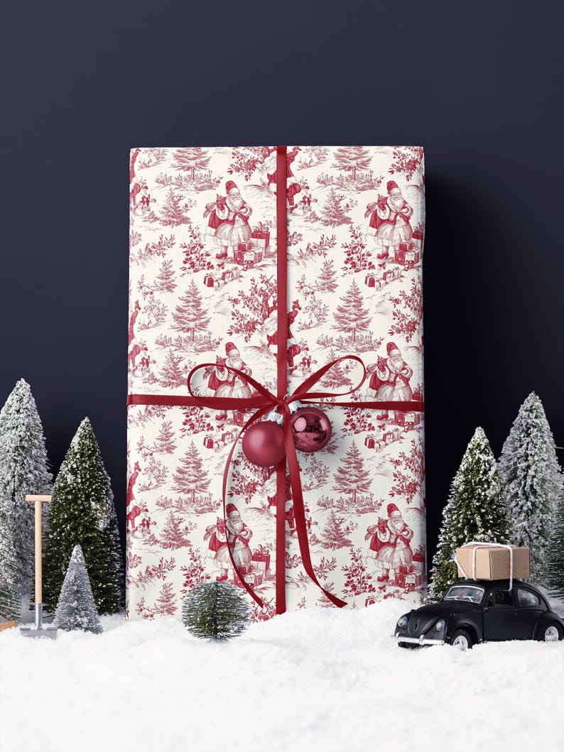 Vintage Christmas Toile Chinoiserie Wrapping Paper Roll Red Santa Toile ...
