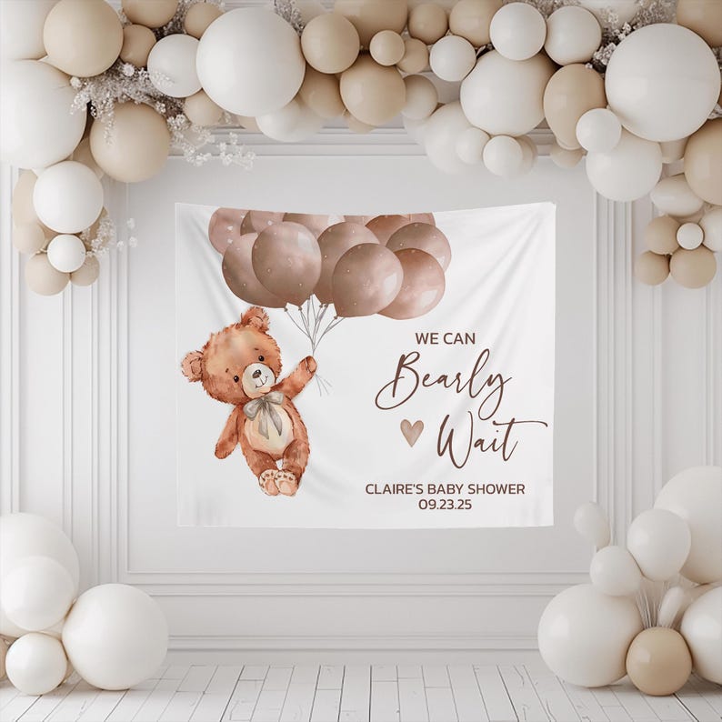 Teddy Bear Baby Shower Backdrop, We Can Bearly Wait, Balloon Bear Baby ...