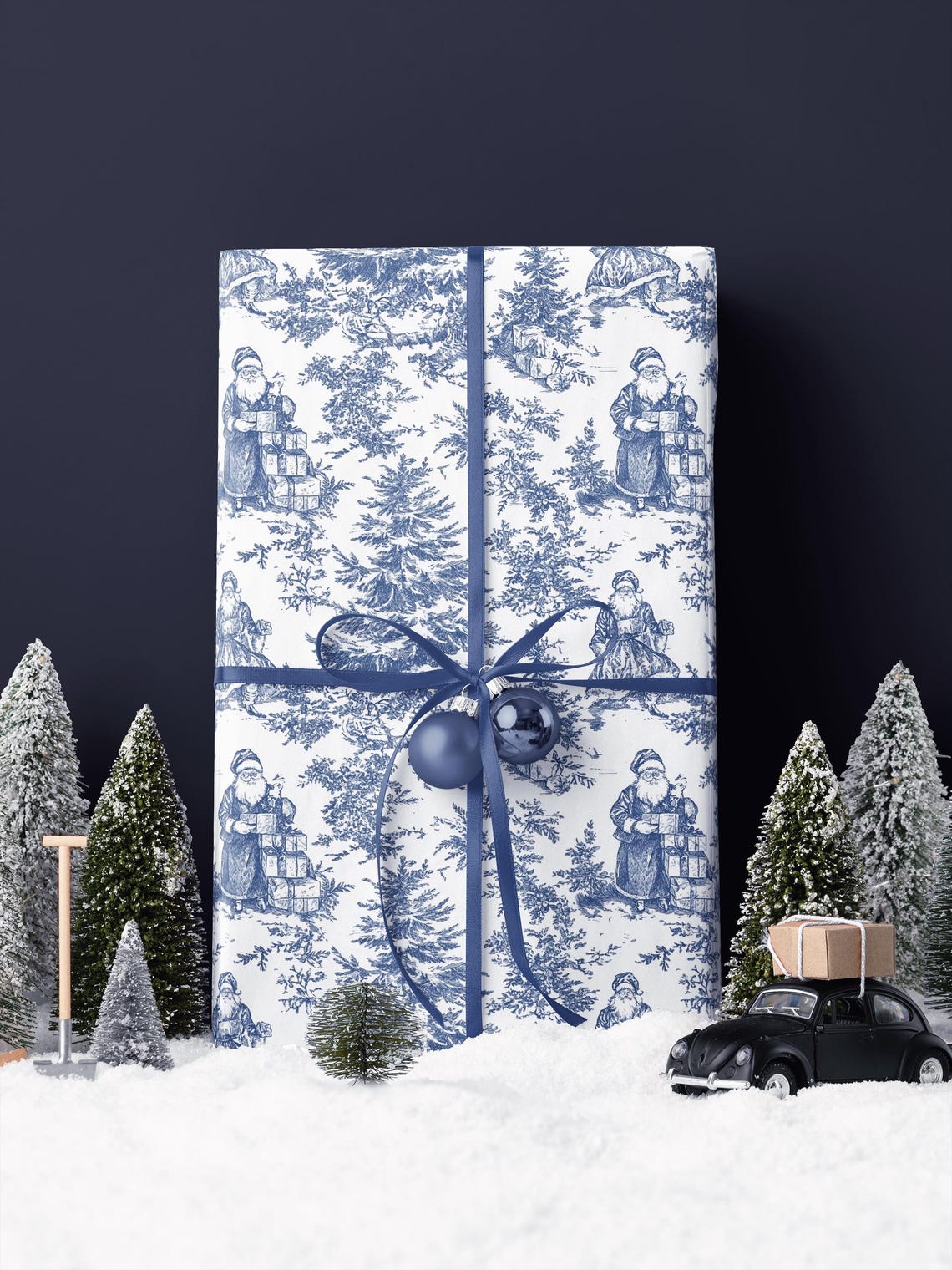 Vintage Christmas Toile Chinoiserie Wrapping Paper Roll Blue Santa ...