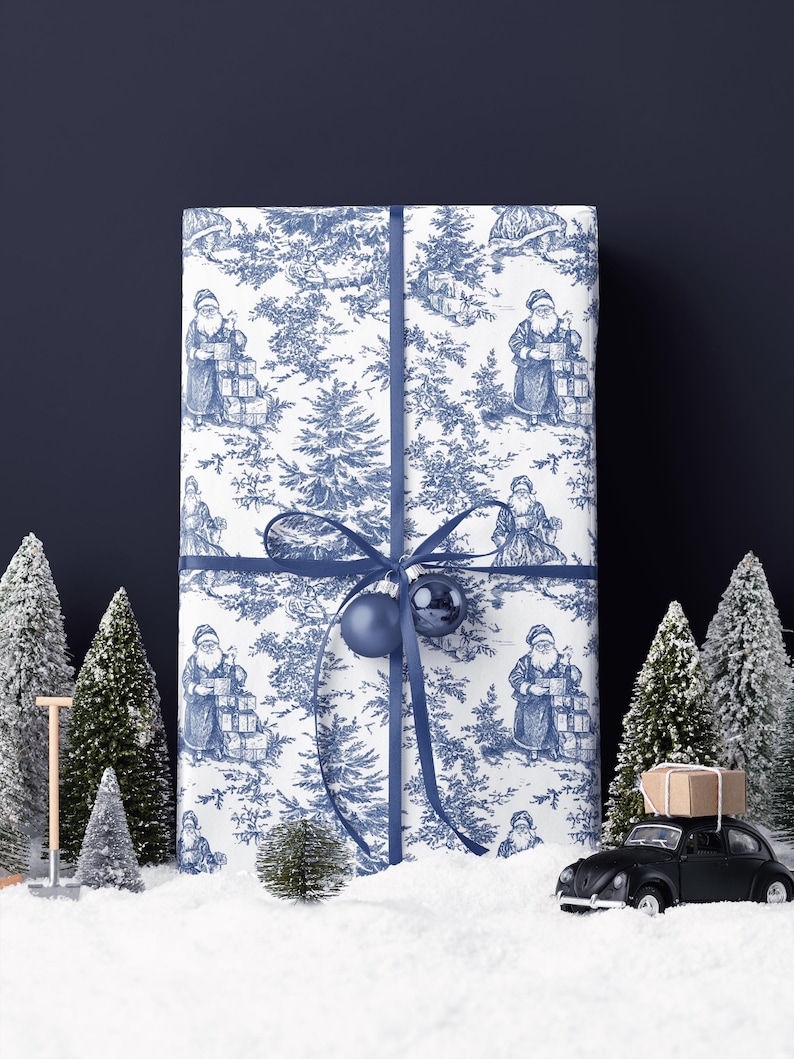Vintage Christmas Toile Chinoiserie Wrapping Paper Roll Blue Santa ...