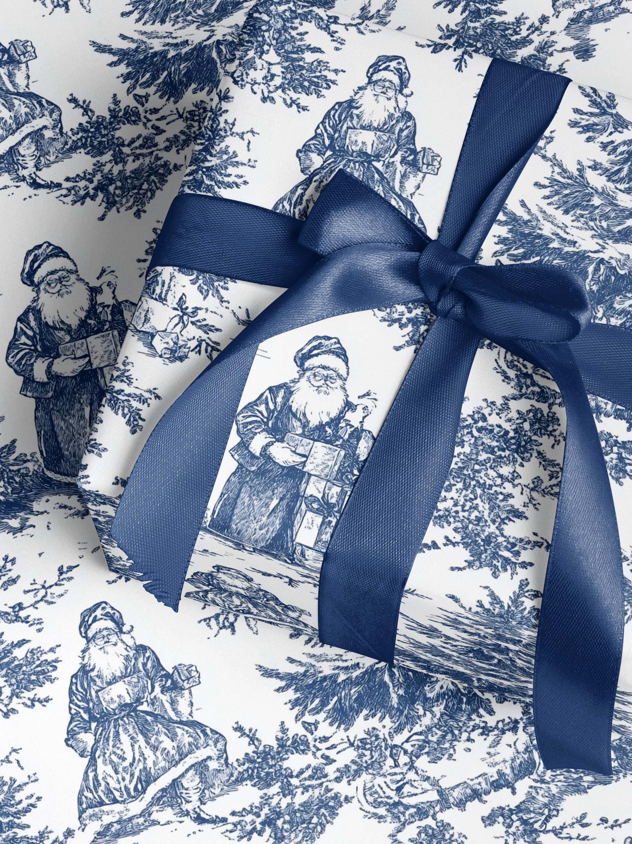 Vintage Christmas Toile Chinoiserie Wrapping Paper Roll Blue Santa ...