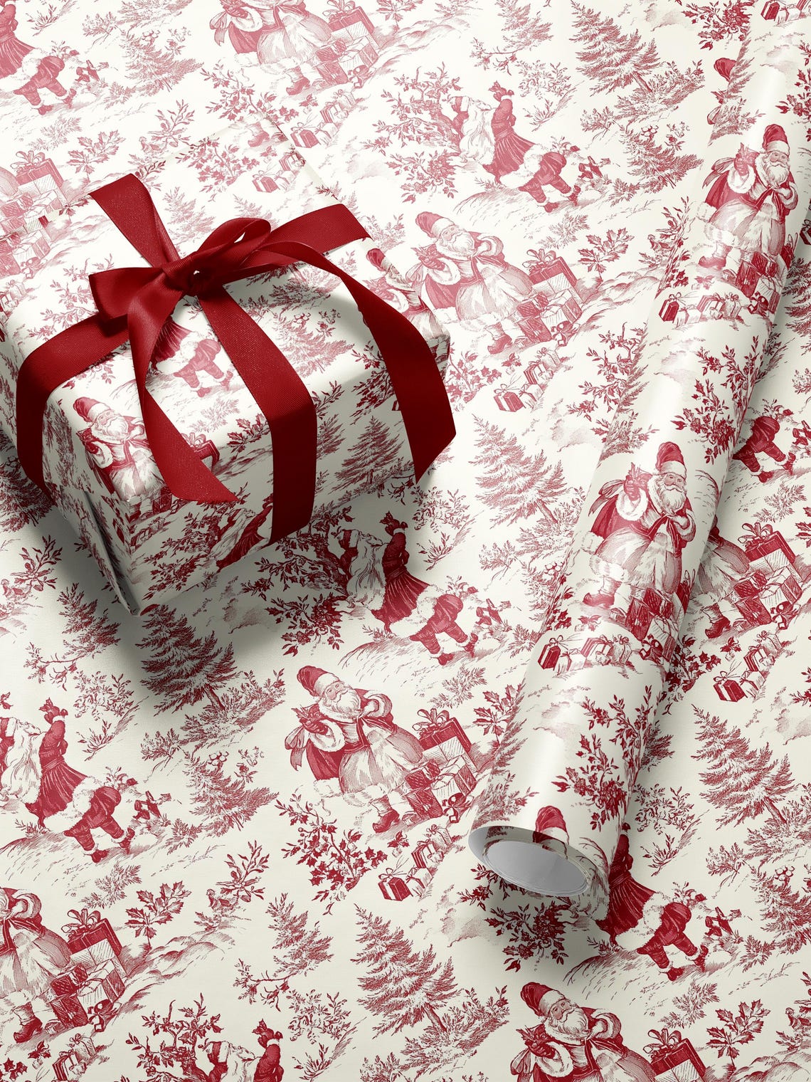 Vintage Christmas Toile Chinoiserie Wrapping Paper Roll Red Santa Toile ...