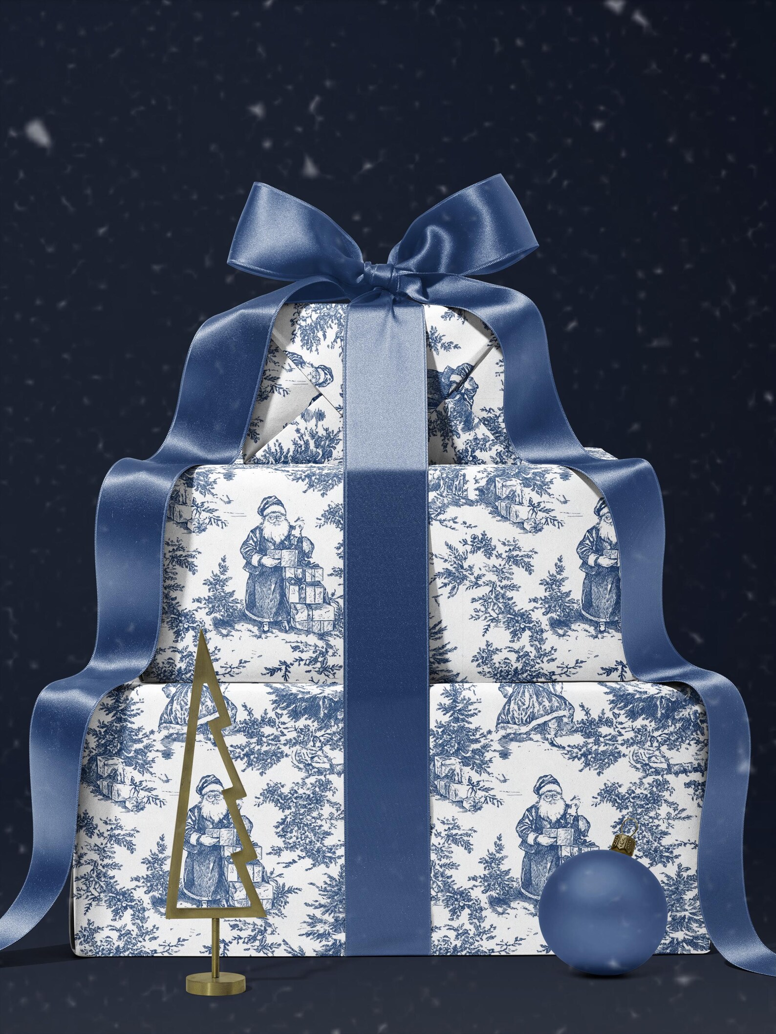 Vintage Christmas Toile Chinoiserie Wrapping Paper Roll Blue Santa ...
