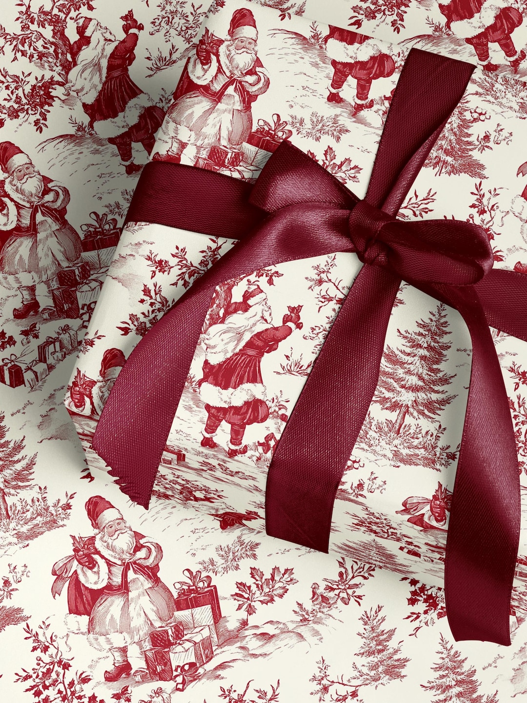 Vintage Christmas Toile Chinoiserie Wrapping Paper Roll Red Santa Toile ...
