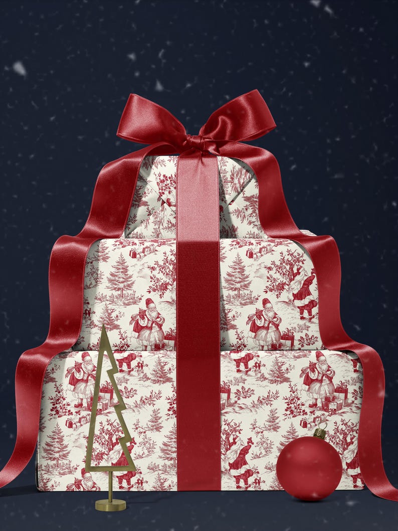 Vintage Christmas Toile Chinoiserie Wrapping Paper Roll Red Santa Toile ...