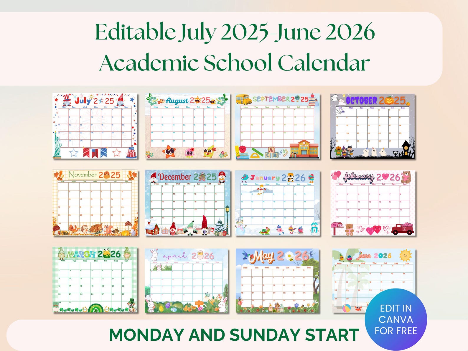 Editable School Year Calendar July 2025-june 2026 | 12 Month Academic ...