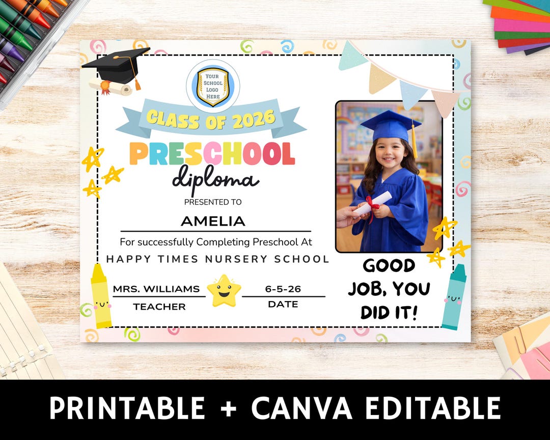 Editable Preschool Diploma Template - Customizable Graduation ...