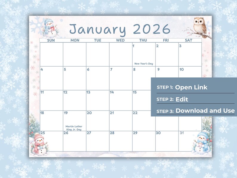 January 2026 Calendar Editable and Fillable - Printable Planner - Etsy UK