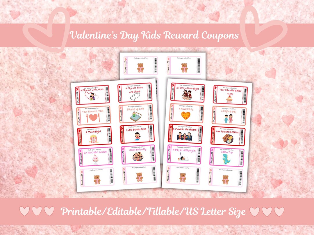Printable Kids Reward Coupons for Valentine's Day - Customizable Design ...