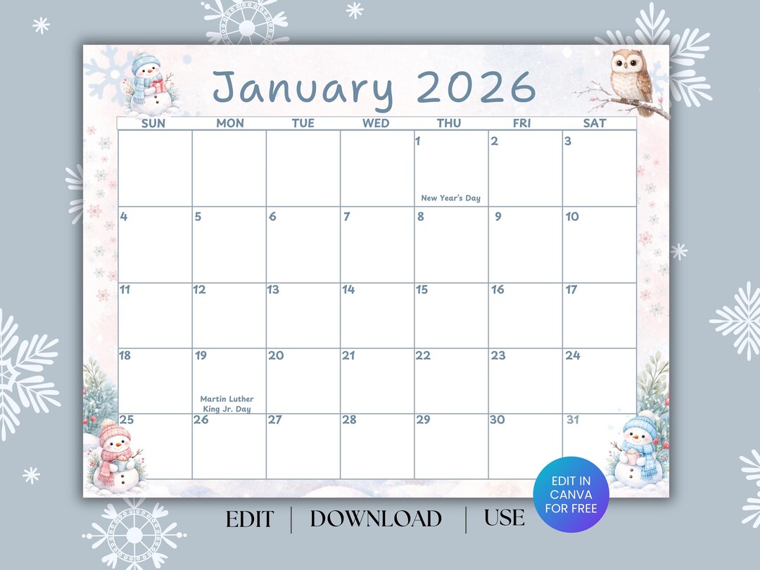 January 2026 Calendar Editable and Fillable - Printable Planner - Etsy